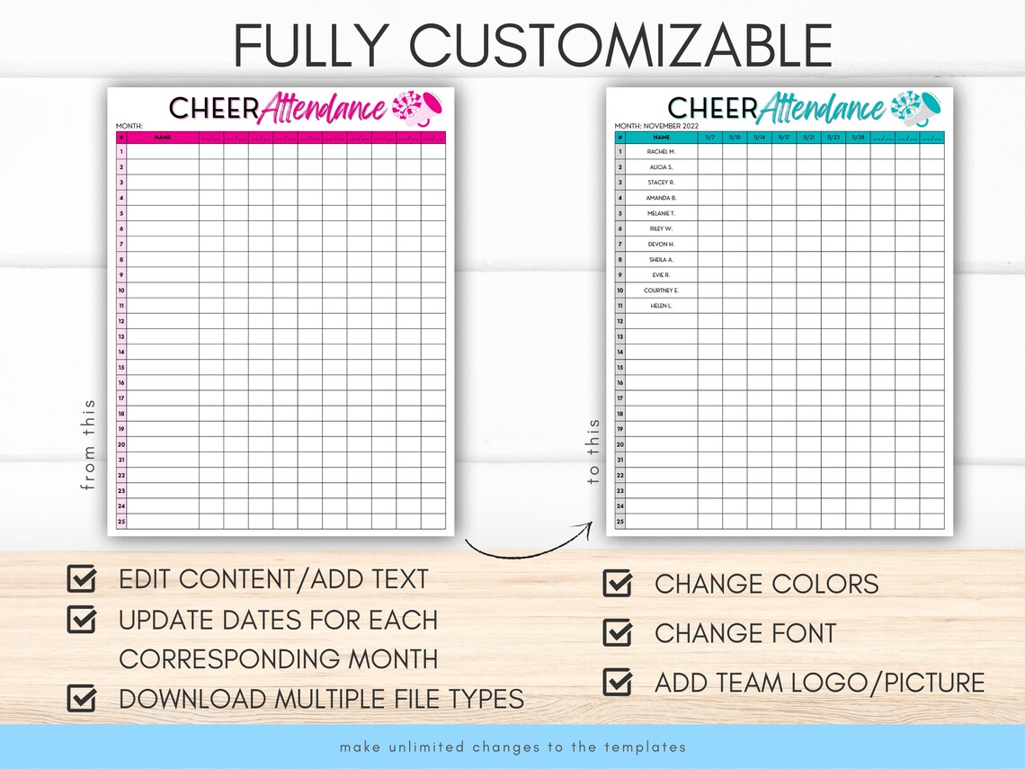 Editable Cheer Attendance Template, Instant Digital Download, Edit in ...