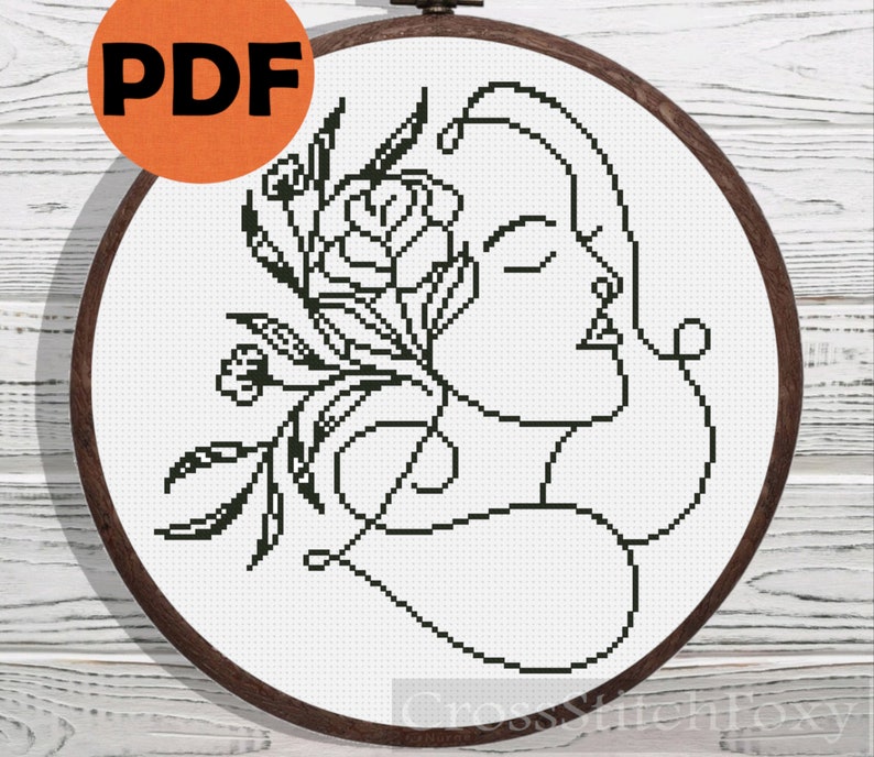 Girl Portrait Cross Stitch Pattern PDF, Easy Boho Floral Counted Cross ...