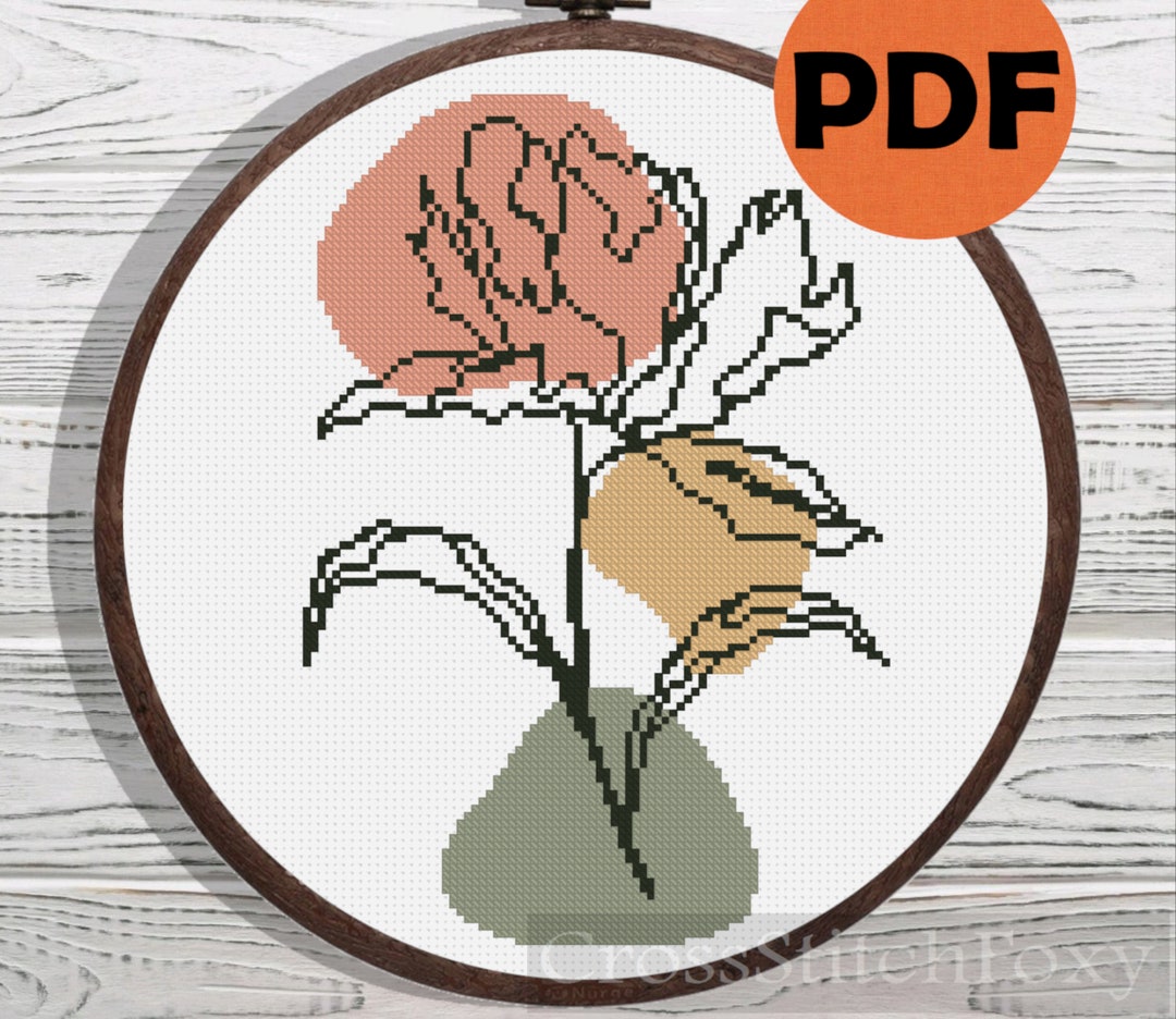 Motif de point de croix dessin au trait fleur bohème PDF, petit motif ...