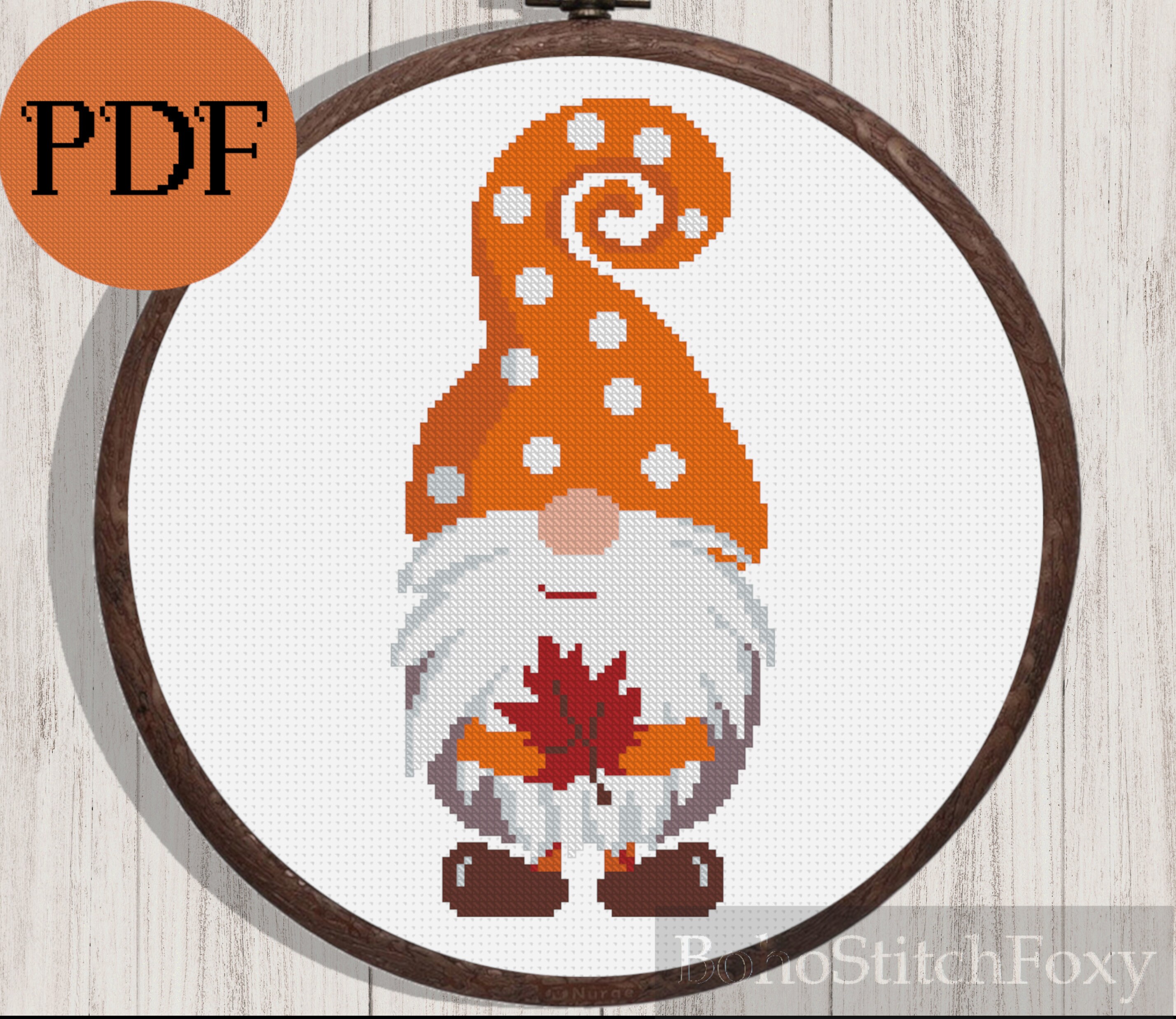 Fall Gnome With Leaf Cross Stitch Pattern Easy Small Gnome - Etsy