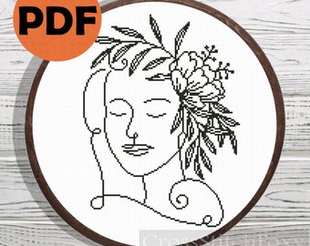 Female Line Art Portrait Cross Stitch Pattern PDF Easy Girl | Etsy Canada