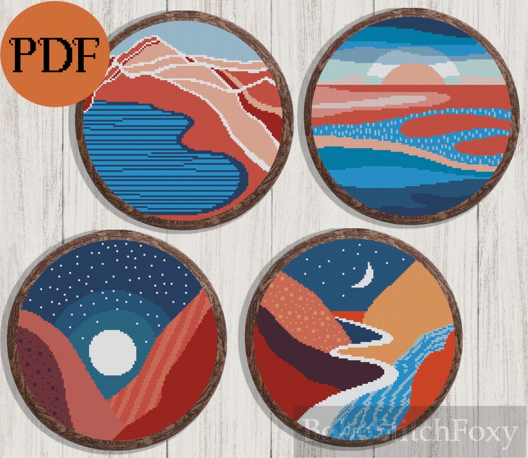 Abstract Landscape Cross Stitch Patterns PDF, Nature Scenery Sun ...