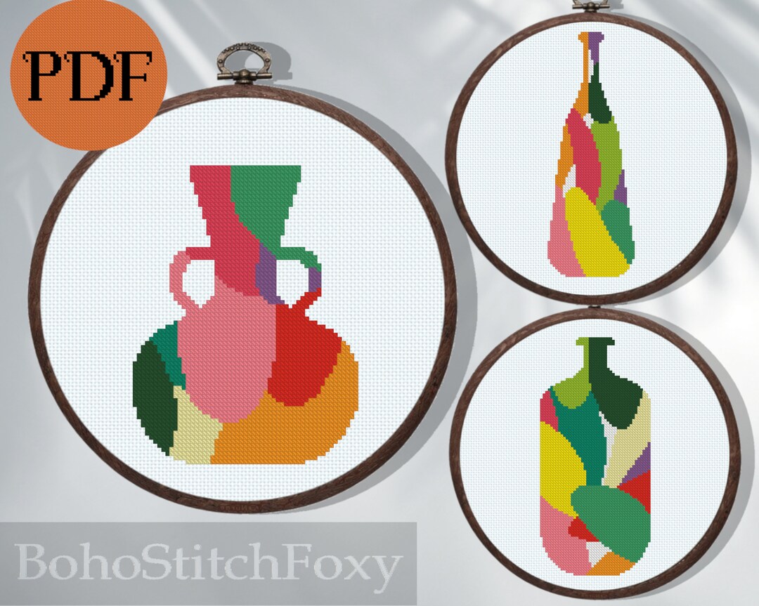 Kitchen Colorful Vase Cross Stitch Patterns Set PDF, Easy Small ...