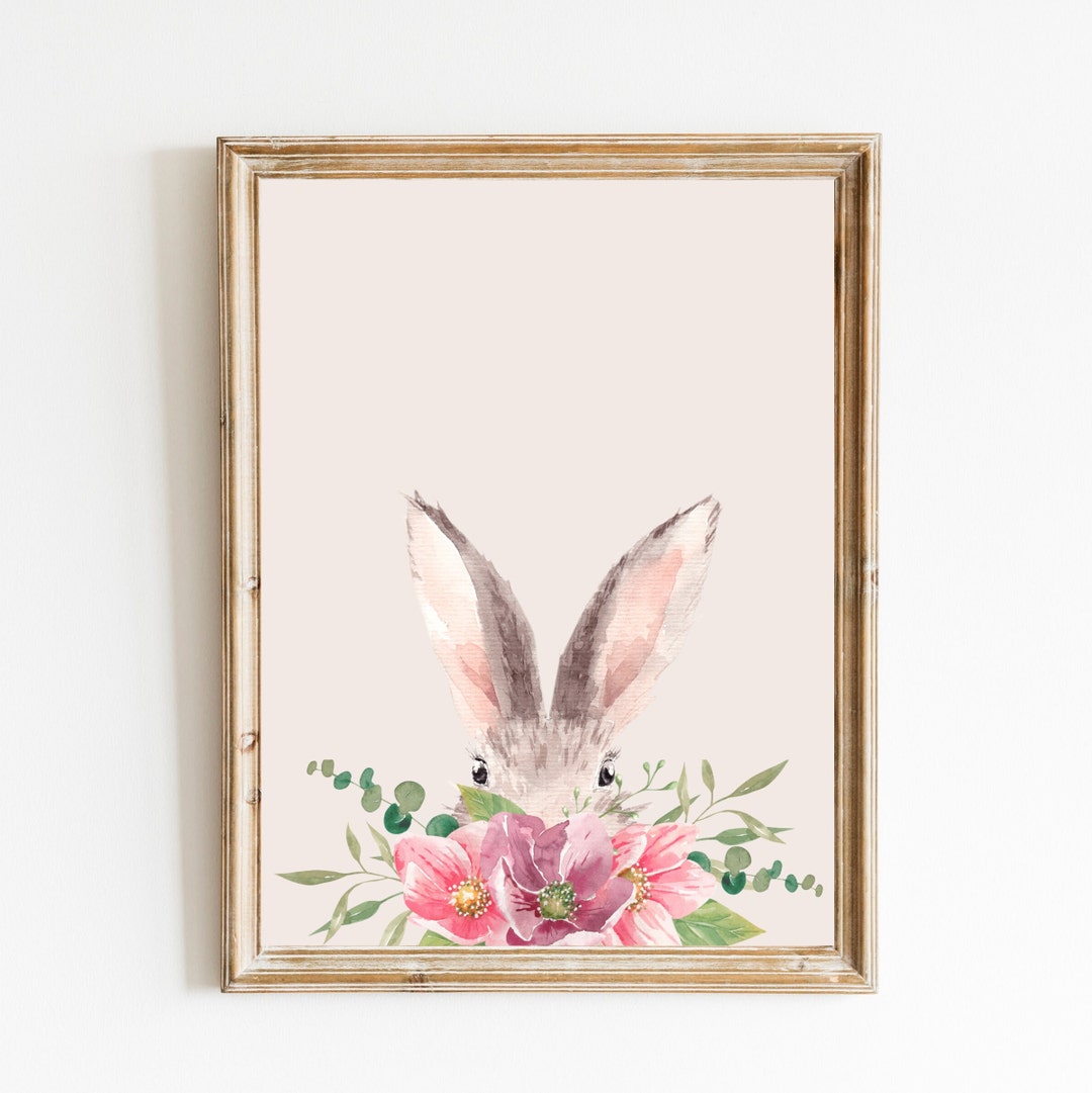 EASTER BUNNY Print, Easter Print, Rabbit With Flowers, Bunny Print ...