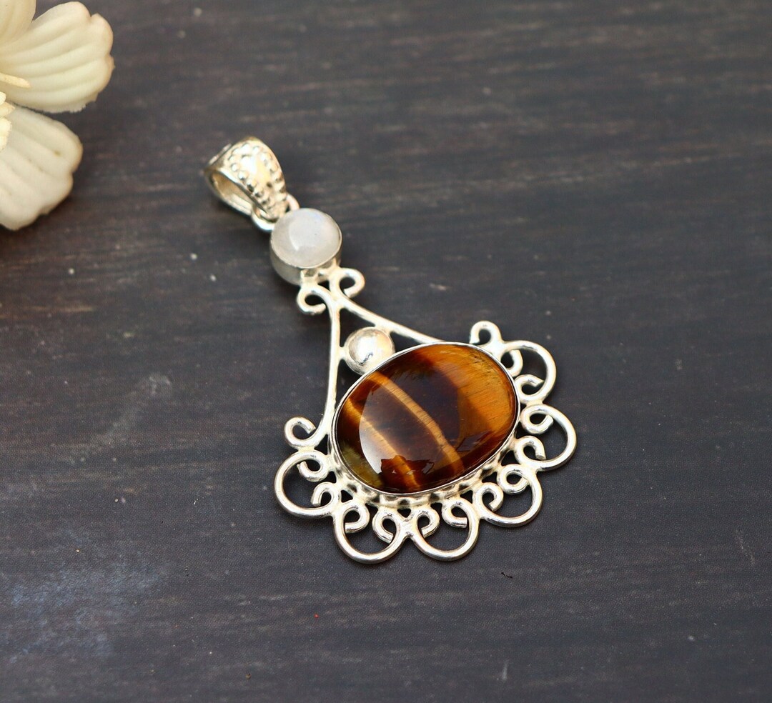 Natural Tigers Eye Pendant/ Moonstone Pendant/ Silver Plated Pendant ...