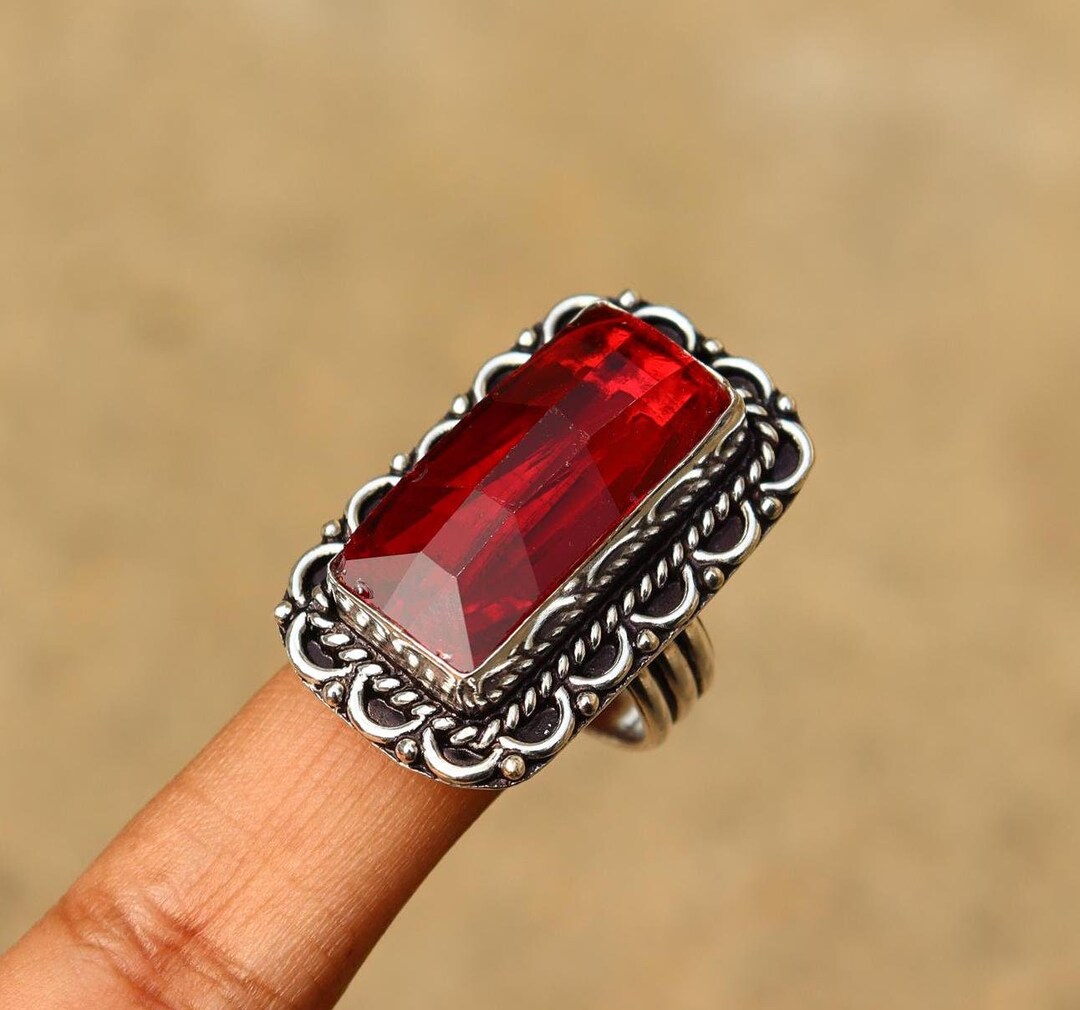 Stunning Red Hydro Glass Gemstone Ring| 925 Silver Plated Handmade Ring ...
