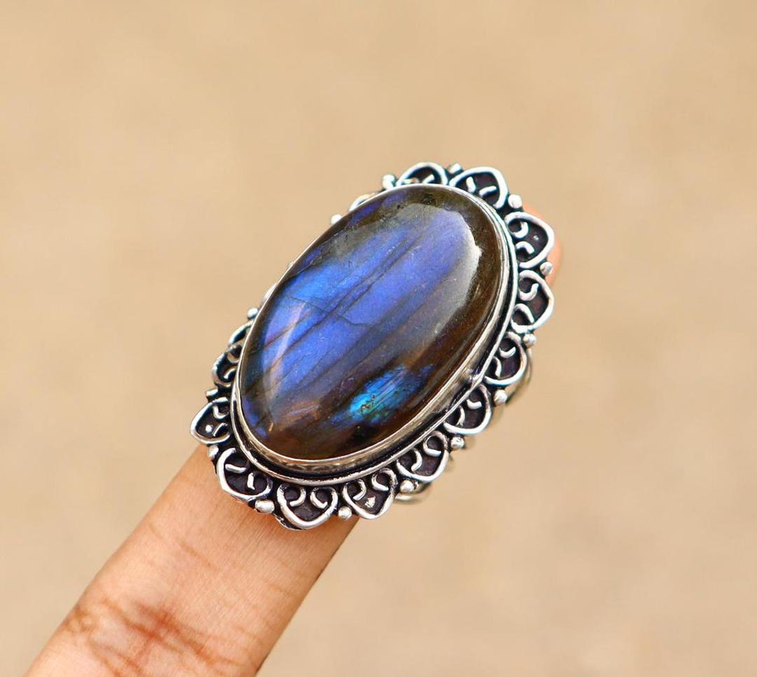 Blue Fire Labradorite Ring/ 6 US Size Statement Ring/ Laborite Gemstone ...