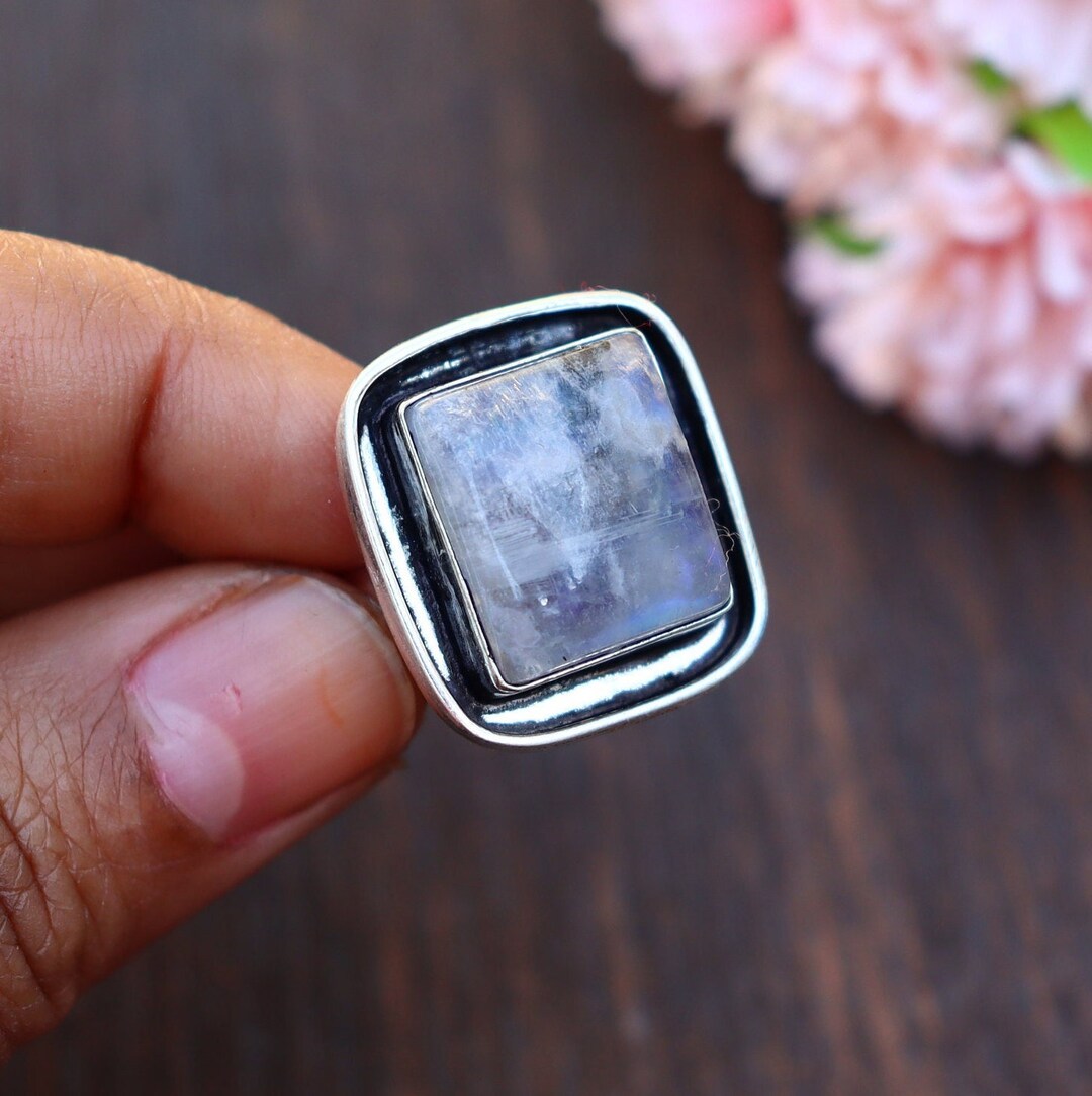 Blue Fire Moonstone Ring/ Adjustable Silver Plated Ring/ Moonstone Ring ...