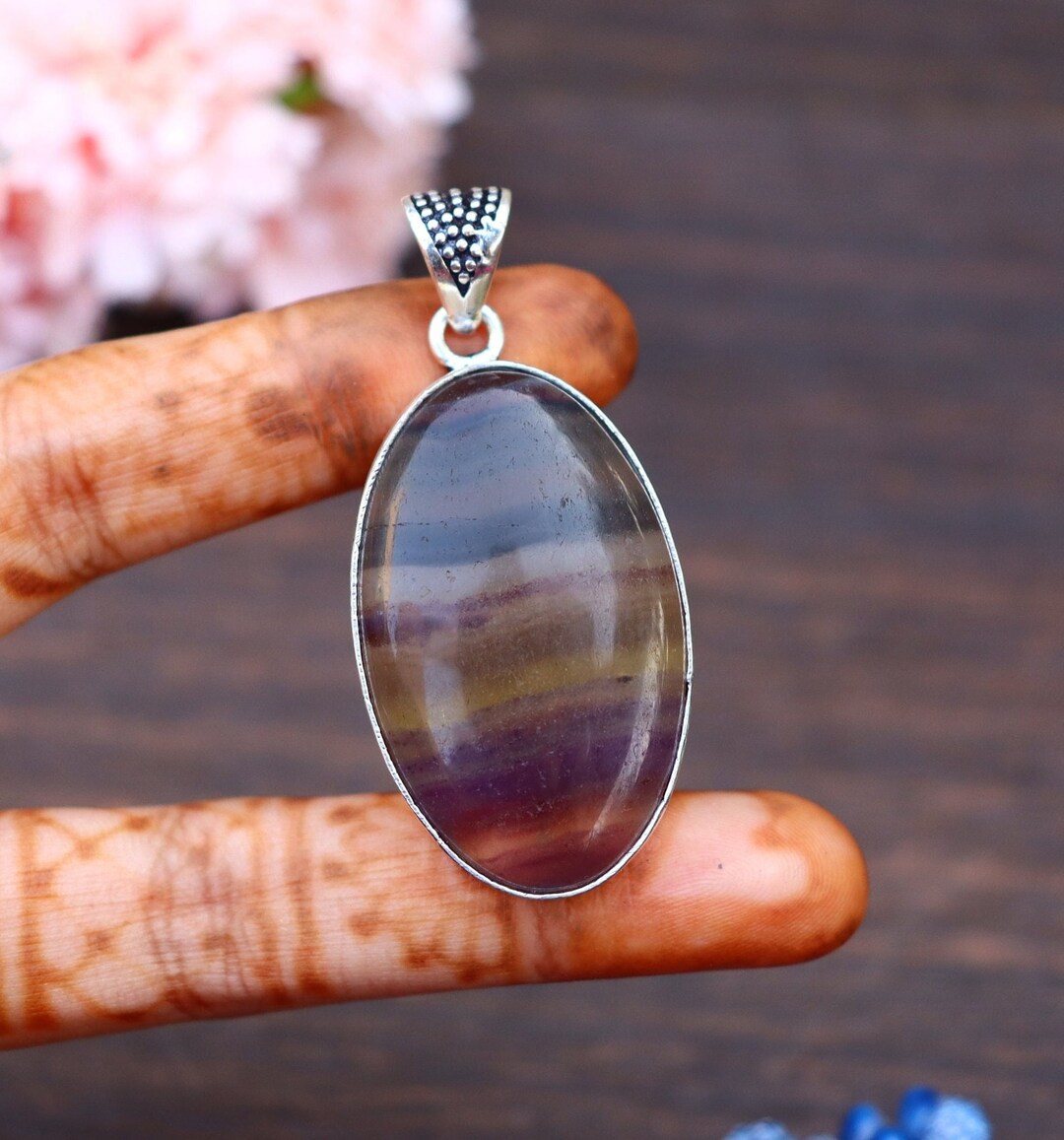 Gorgeous Fluorite Pendant/ Silver Plated Pendant/ Big Fluorite Pendant ...