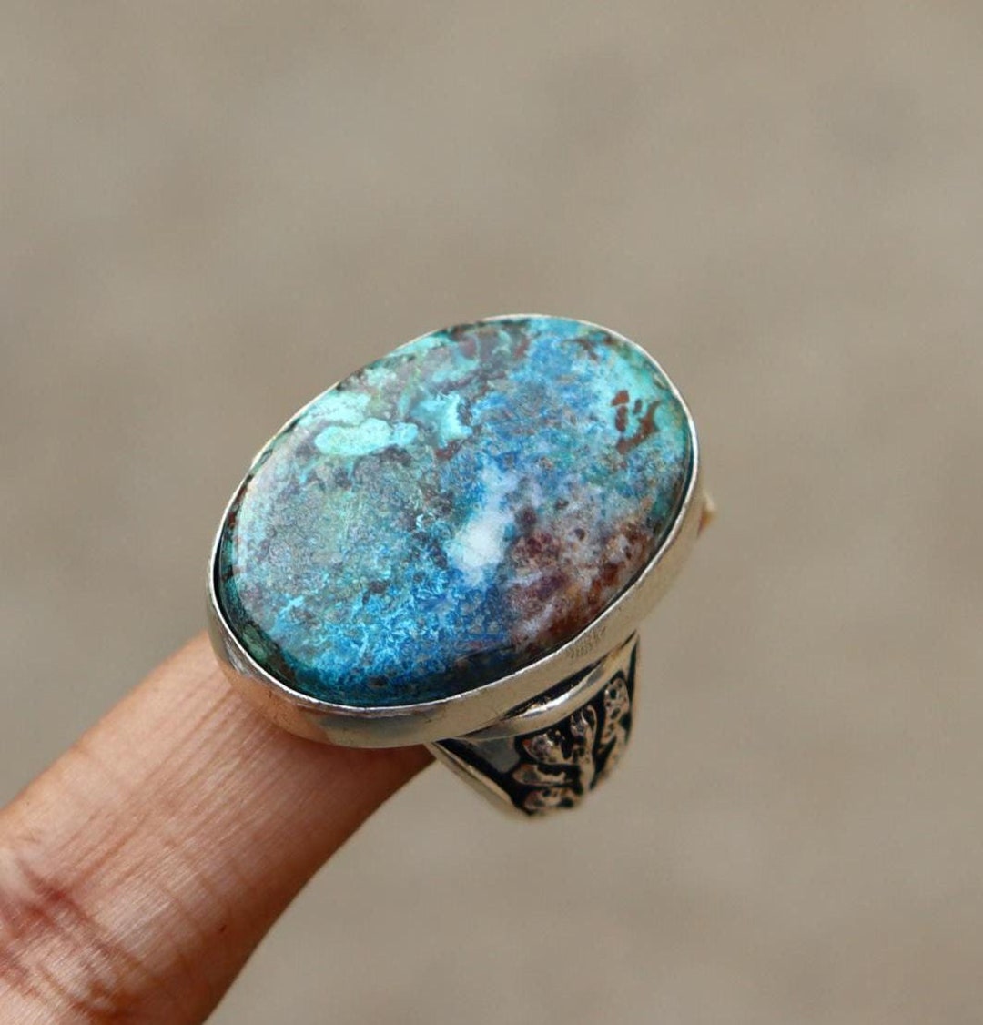 Chrysocolla Gemstone Ring/ 7 1/4US Size Big Statement Ring/ Chunky Chrysocolla Ring/ Chrysocolla ...