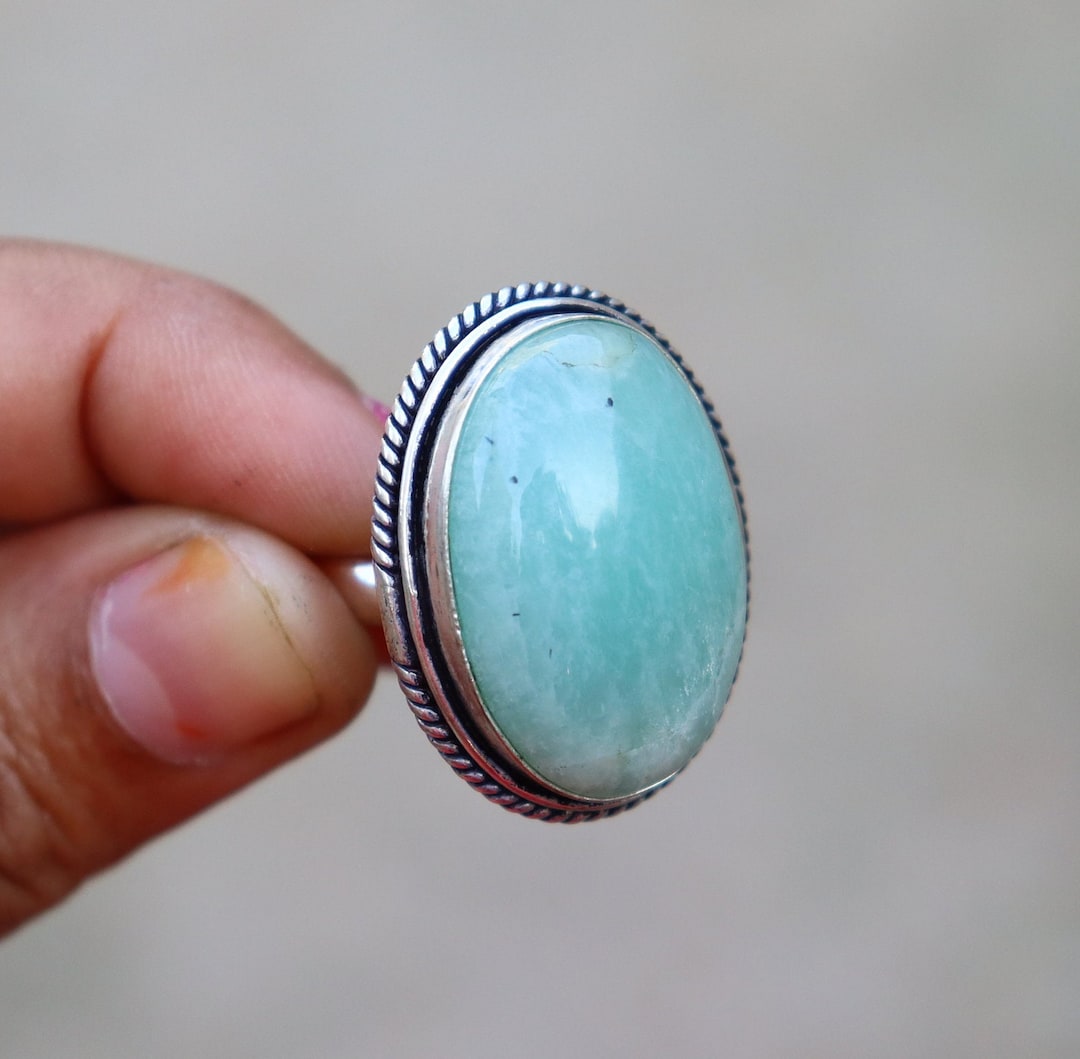 Adjustable Amazonite Ring / 8US Oval Shape Ring/ Big Amazonite Ring ...