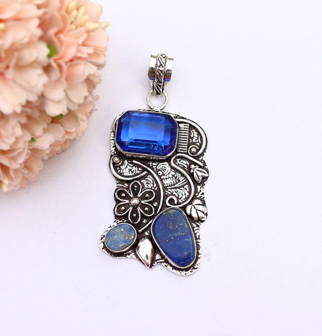 Lapis Lazuli and Blue Hydro Glass Pendant/ Hydro Glass Pendant | Lapis ...