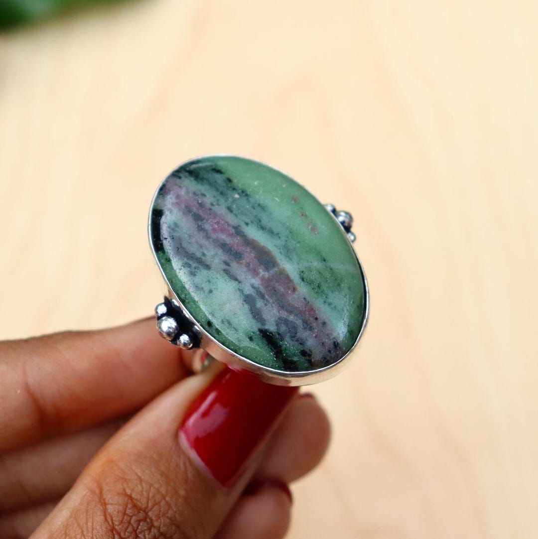 Beautiful Ruby Zoisite Ring/ Adjustable Ring/ 8 US Ruby Zoisite Ring/ 925 Silver Plated Ring ...