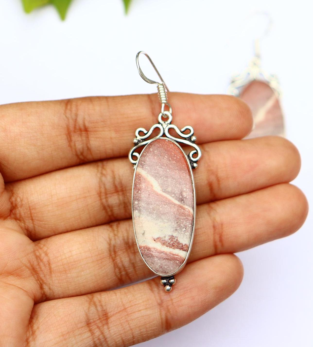 Rhodonite Gemstone Earrings/ Natural Rhodonite Dangle Earrings/ Silver ...
