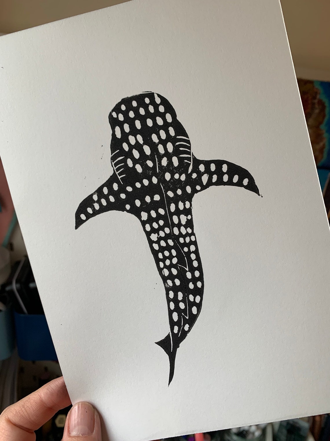 Whale Shark Lino Block Print in Black Ink | Etsy
