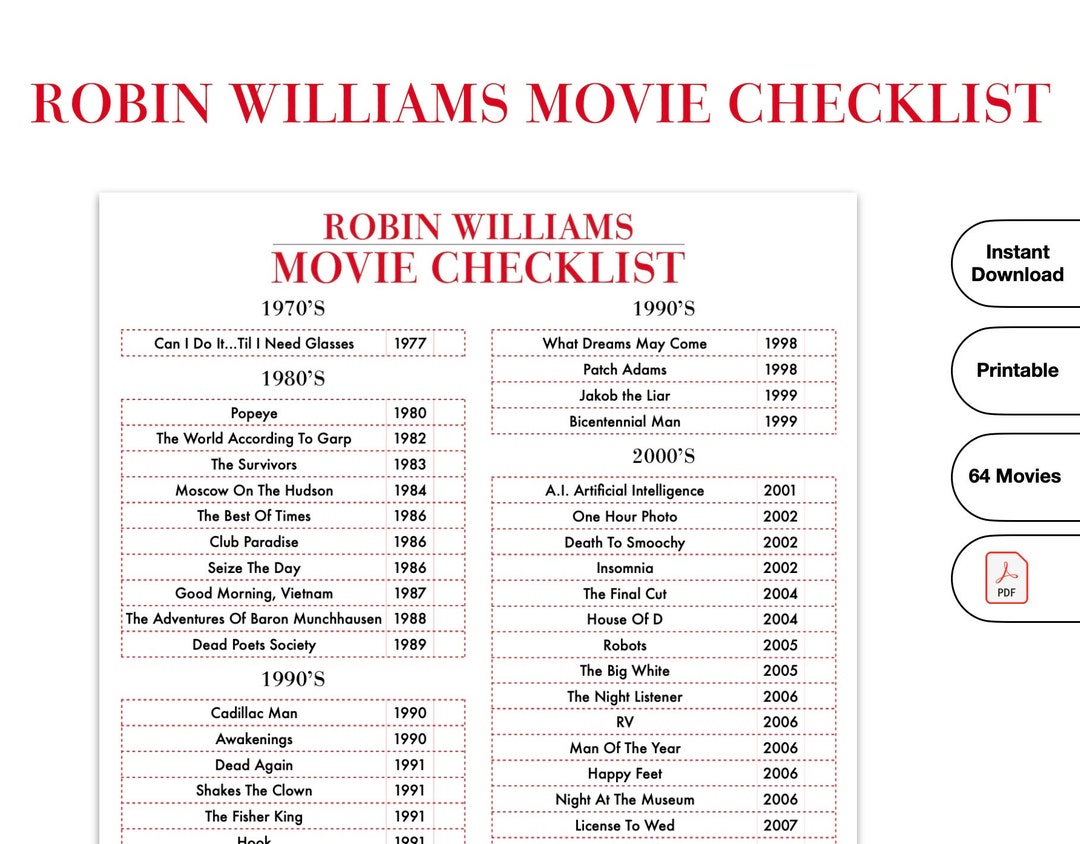 Robin Williams Movie Checklist - PDF Printable - Etsy
