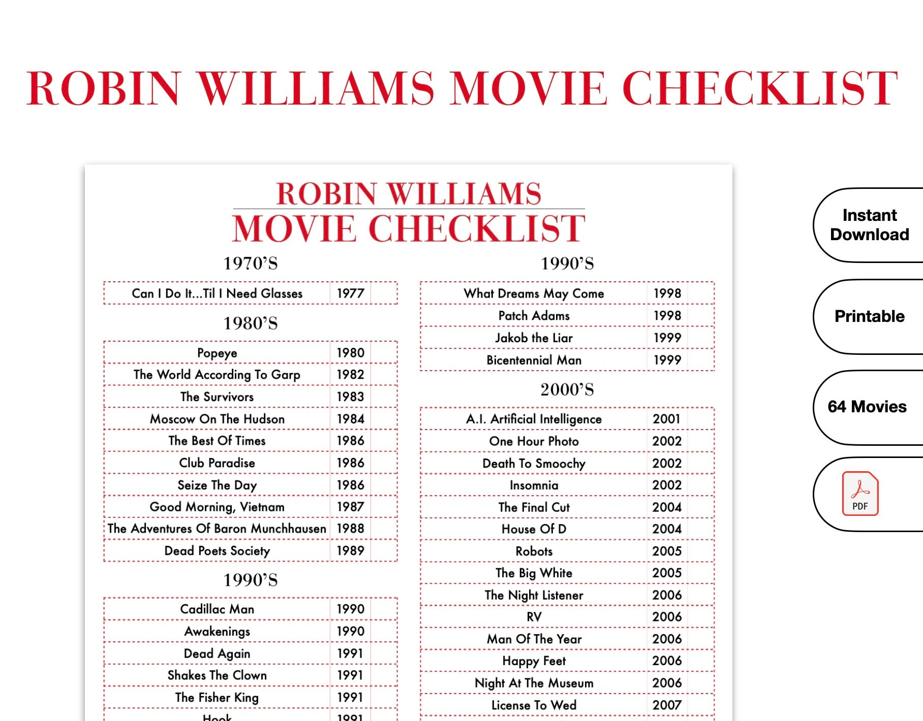 Robin Williams Movie Checklist - PDF Printable - Etsy