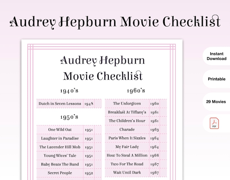 Audrey Hepburn Movie Checklist - PDF Printable - Etsy