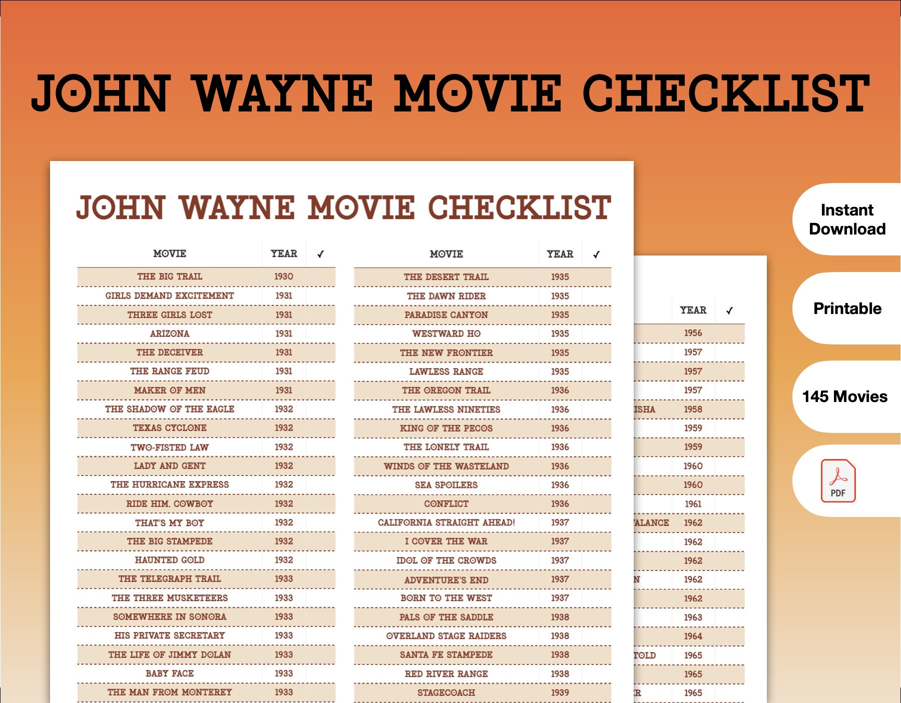 John Wayne Movie Checklist - PDF Printable - Etsy