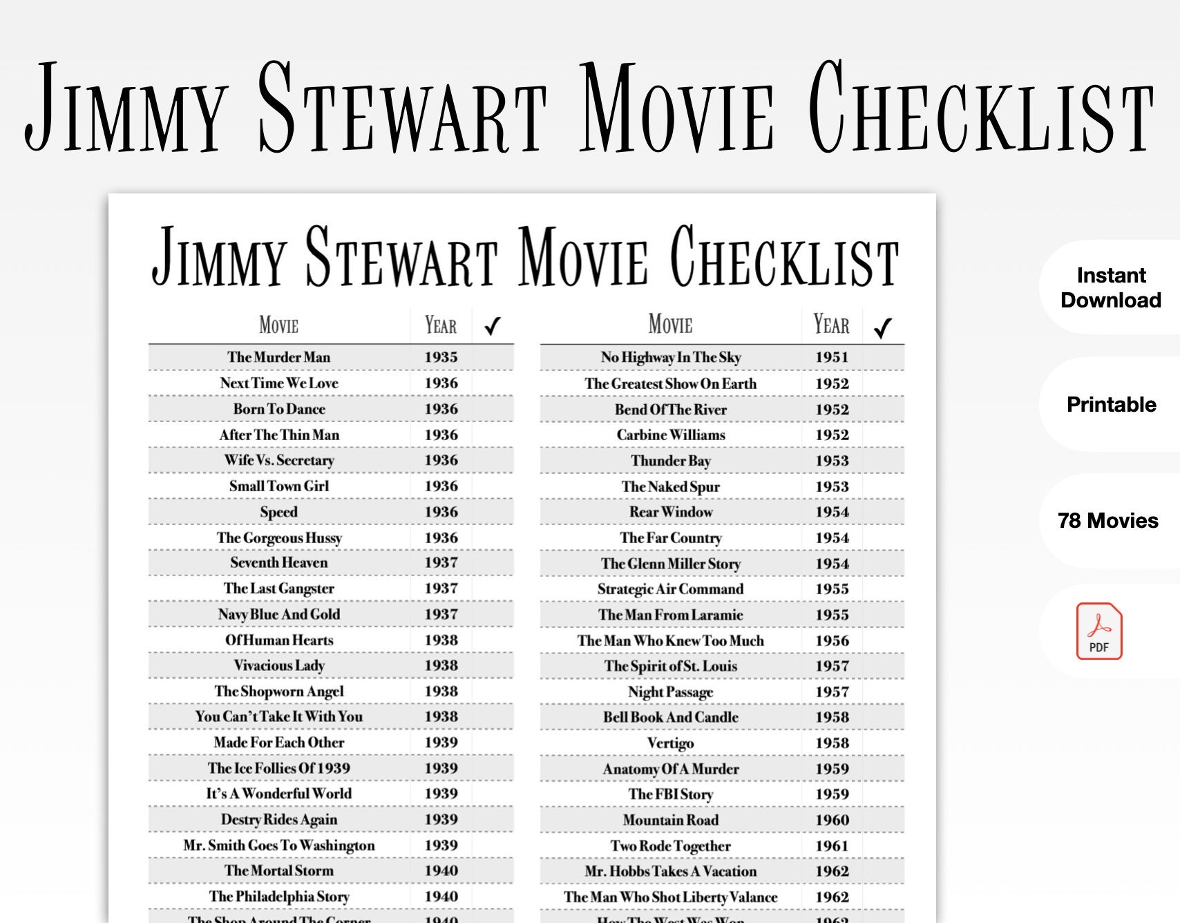 Jimmy Stewart Movie Checklist - PDF Printable - Etsy