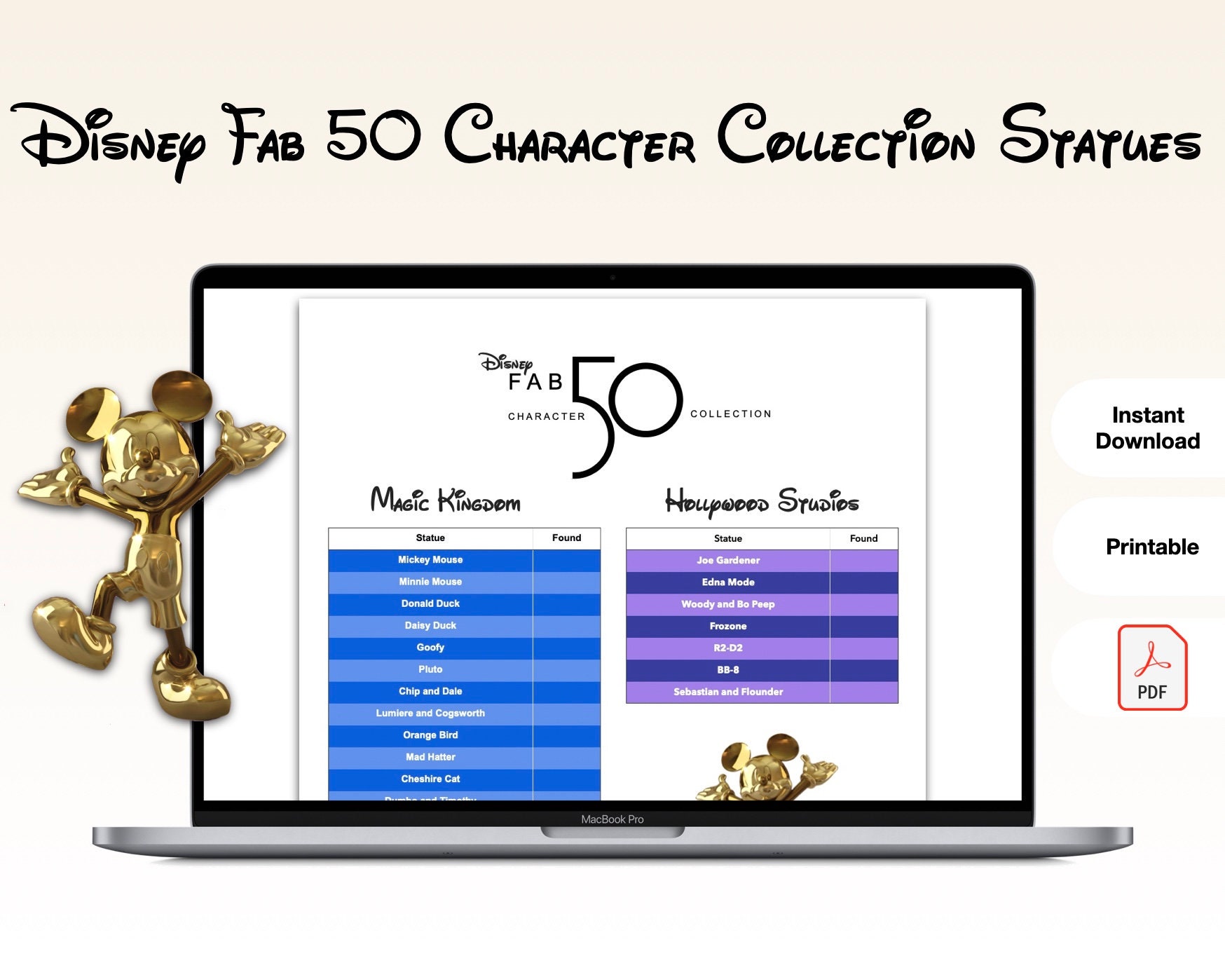 Disney World Fab 50 Gold Character Statues Souvenir Checklist - PDF ...