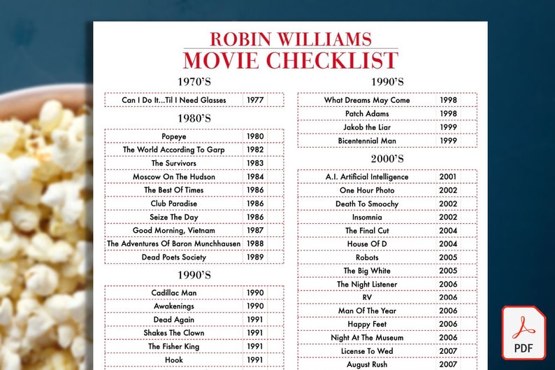 Robin Williams Movie Checklist - PDF Printable - Etsy
