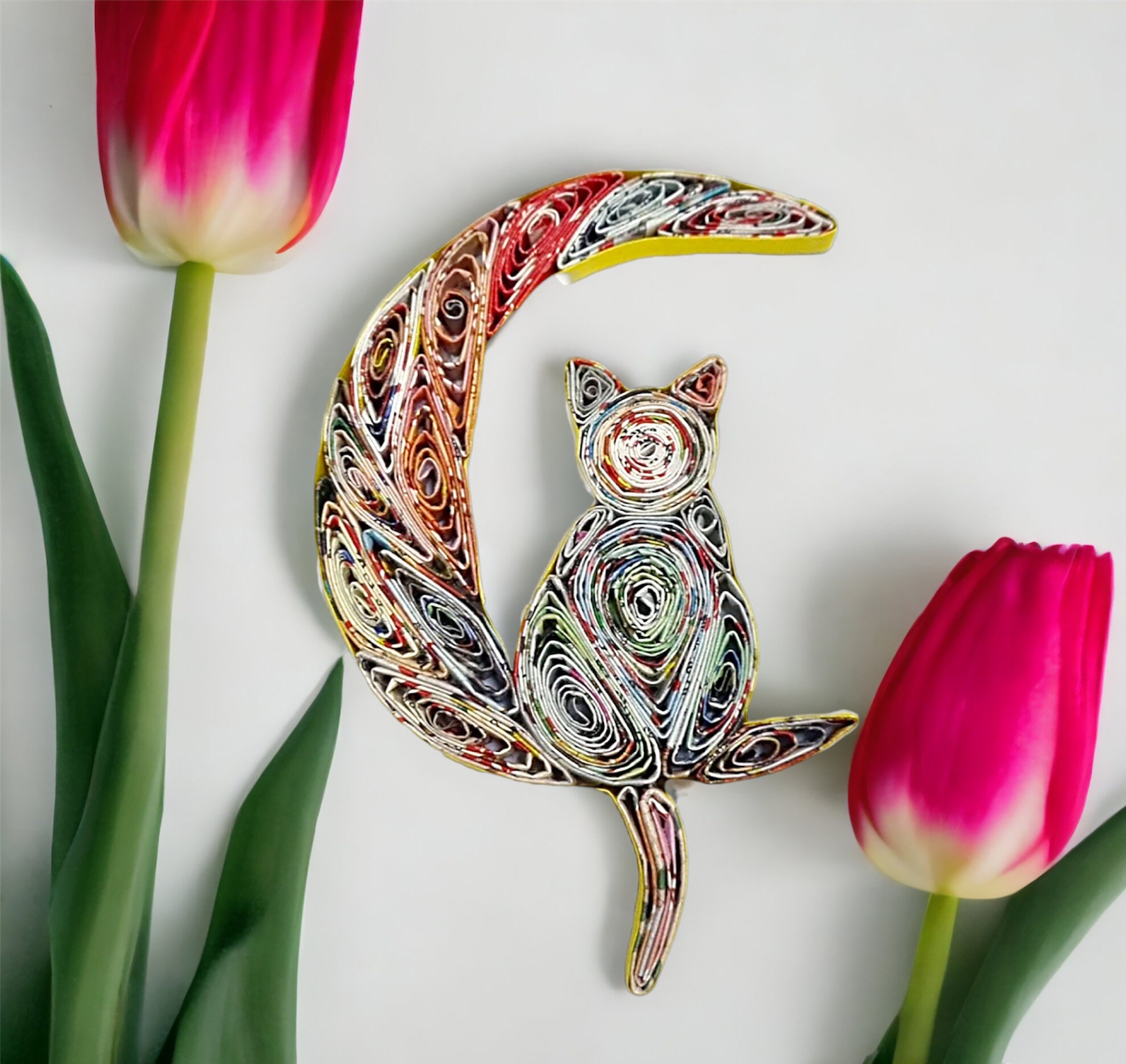 Cat on Moon Quilling Paper Ornament Handmade From Recycled - Etsy