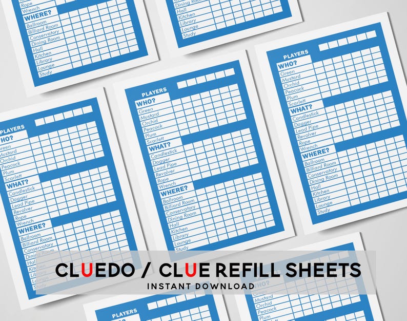 CLUEDO Replacement Score Sheets, CLUE Detective Score Cards, Refill ...