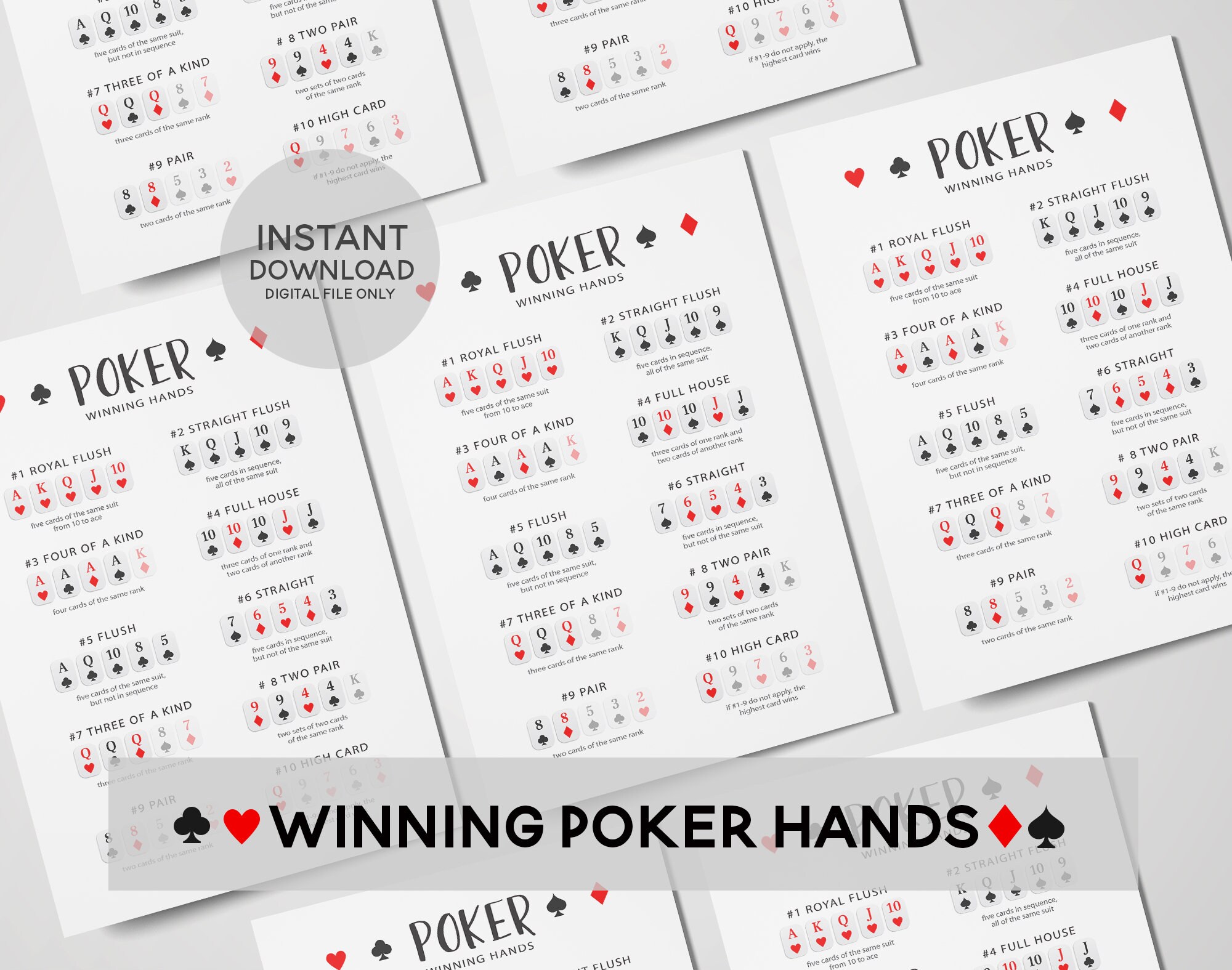 Poker Winning Hands Cheat Sheet Instant Download, Printable, 4-up on A4 ...