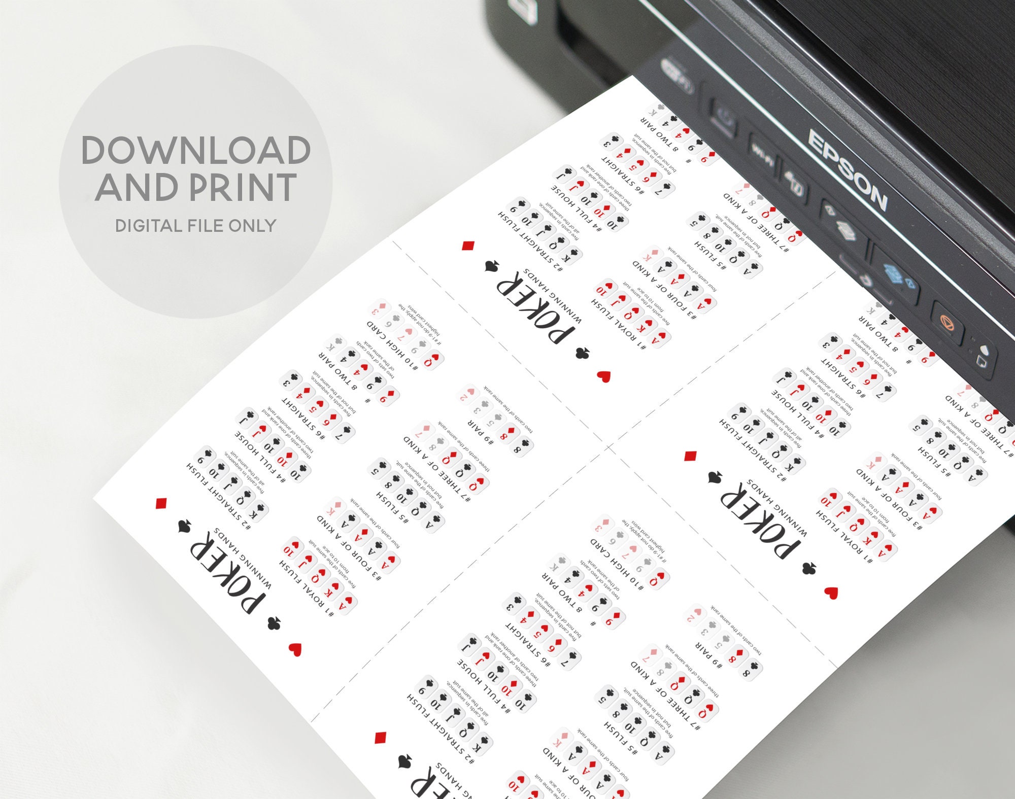 Poker Winning Hands Cheat Sheet Instant Download, Printable, 4-up on A4 ...