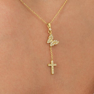 14K Gold Butterfly Cross Necklace, Crucifix Y Necklace, Butterfly ...