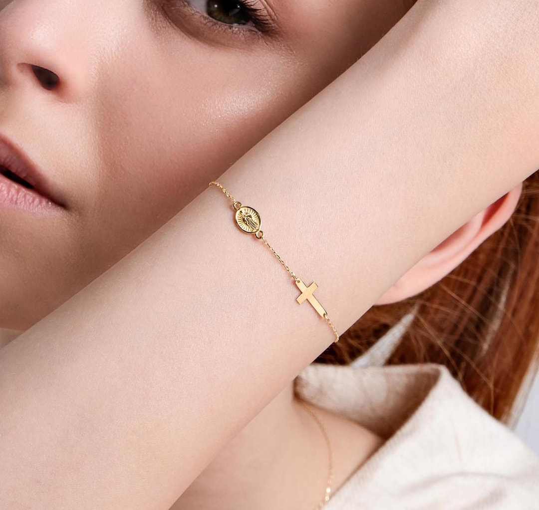 14K Solid Gold Cross Bracelet for Women, Miraculous Medal, Catholic ...