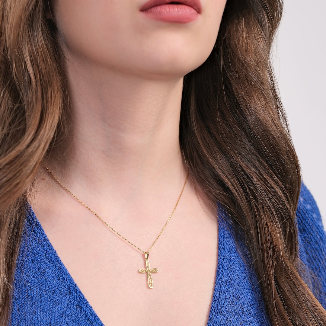 14K Solid Gold Cross Necklace for Women, Greek Pattern Cross Necklace ...