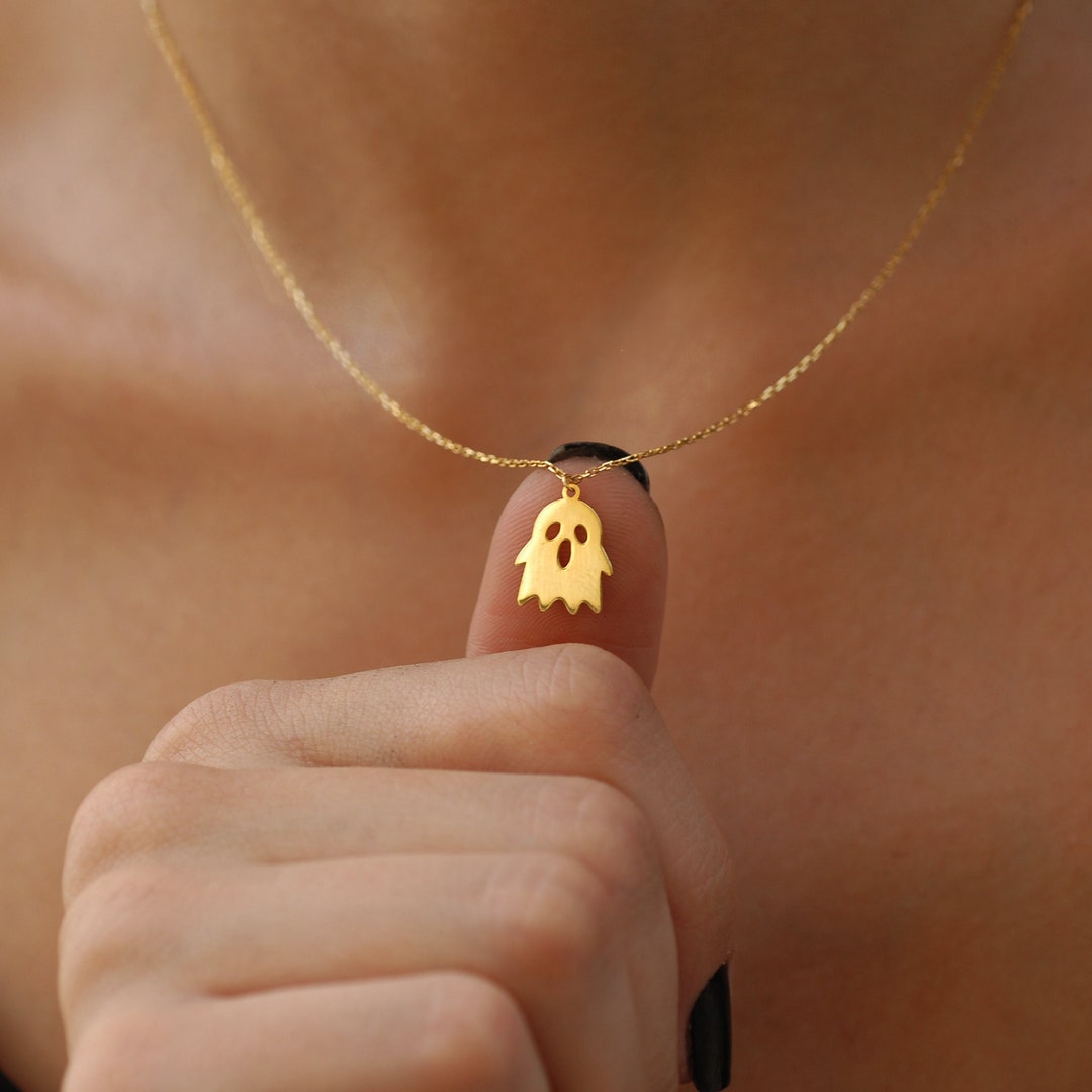 14K Solid Gold Ghost Necklace, Ghost Jewelry, Spooky Ghost Necklace for ...