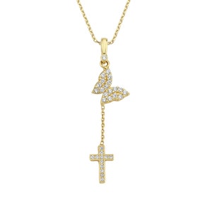 14K Gold Butterfly Cross Necklace, Crucifix Y Necklace, Butterfly ...