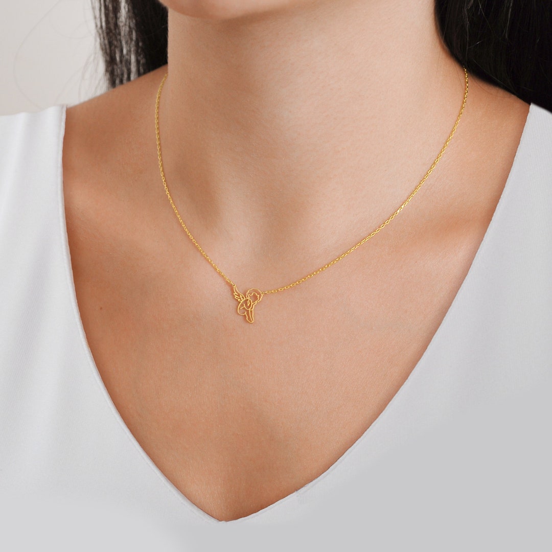 14K Solid Gold Angel Necklace: Guardian Pendant, Adjustable Chain - Etsy