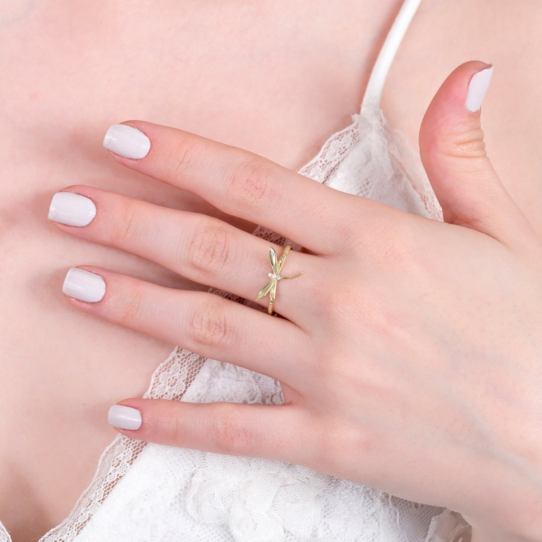 14K Solid Gold Dragonfly Ring, Dragonfly Jewelry Ring, Minimalist ...