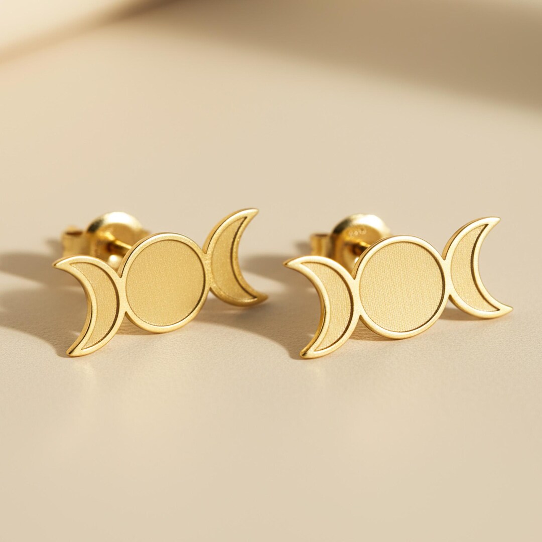 14K Solid Gold Triple Moon Stud Earrings, Wiccan Earrings, Goddess ...