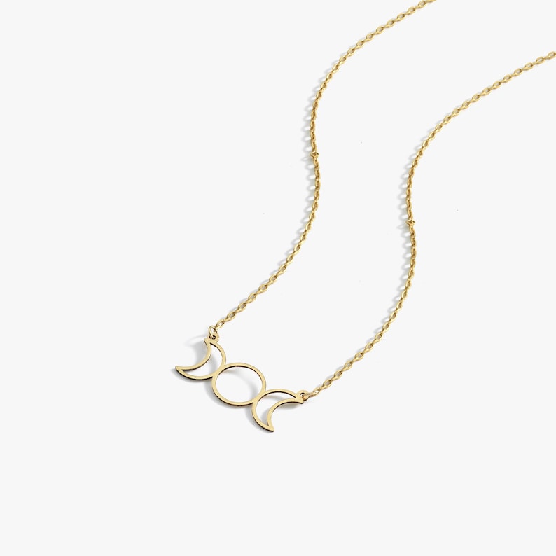 14K Solid Gold Triple Moon Necklace, Moon Phase Necklace, Gold Moon ...