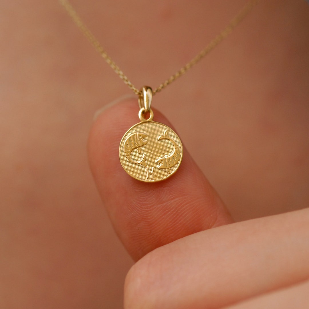 14K Solid Gold Zodiac Necklace, Zodiac Coin Necklace, Astrology ...