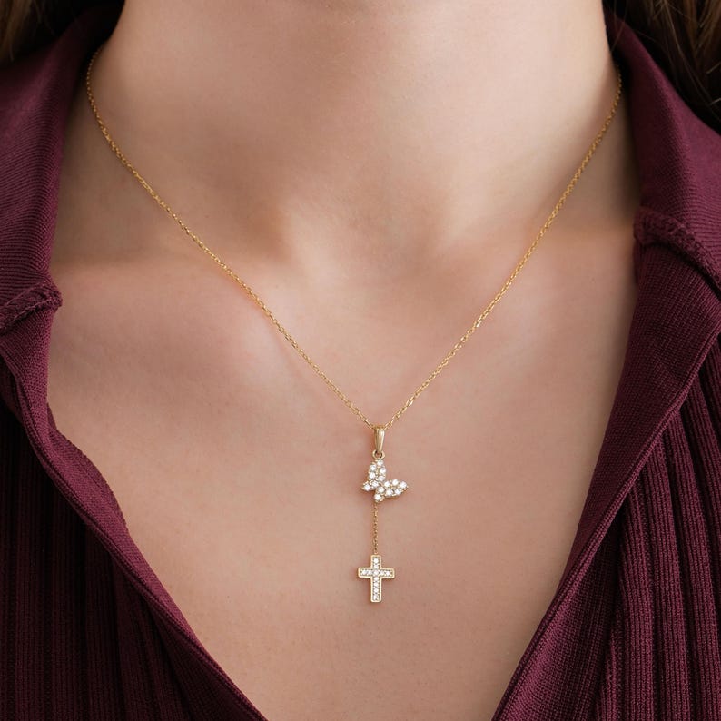14K Gold Butterfly Cross Necklace, Crucifix Y Necklace, Butterfly ...