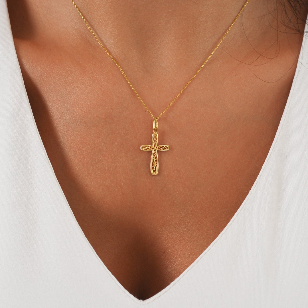 14K Solid Gold Cross Necklace for Women, Greek Pattern Cross Necklace, Floral Cross Necklace ...