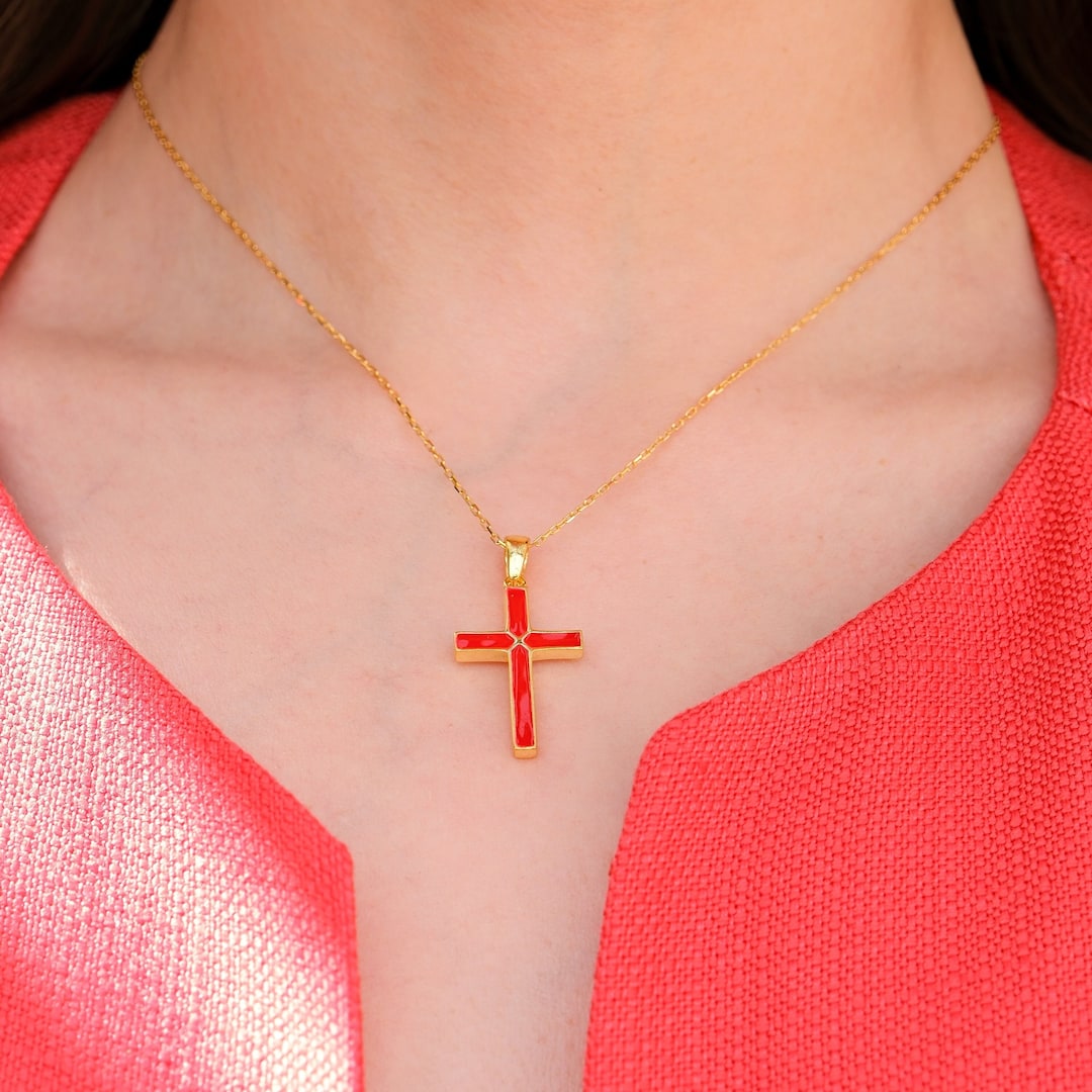 14K Gold Vermeil Red Cross Necklace, Cross Necklace Women, Red Cross ...