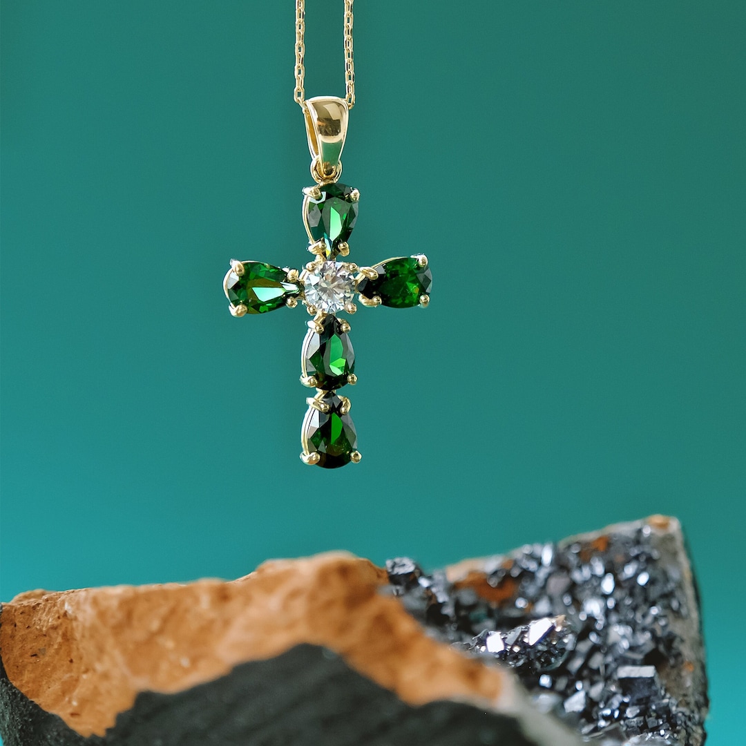 14K Solid Gold Cross Pendant, Emerald Cross Necklace, Gold Cross ...
