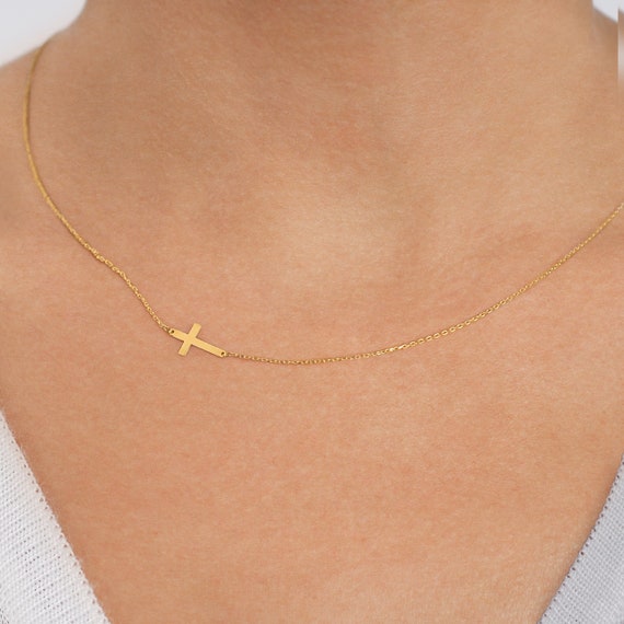 14K Solid Gold Sideways Cross Necklace Women Gold Crucifix - Etsy