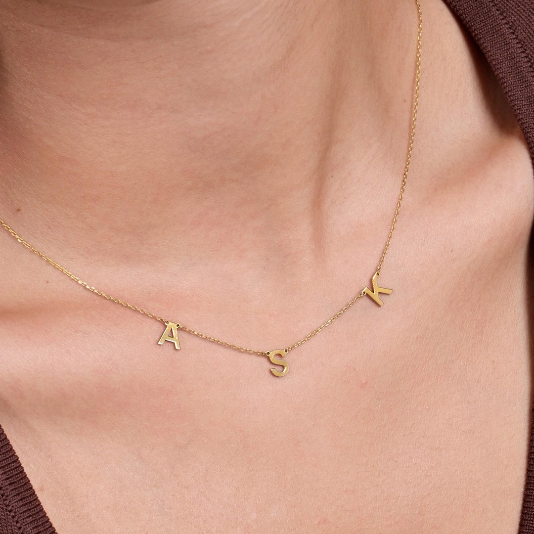 14K Solid Gold 3 Initial Necklace, Multiple Initial Necklace, Spaced ...