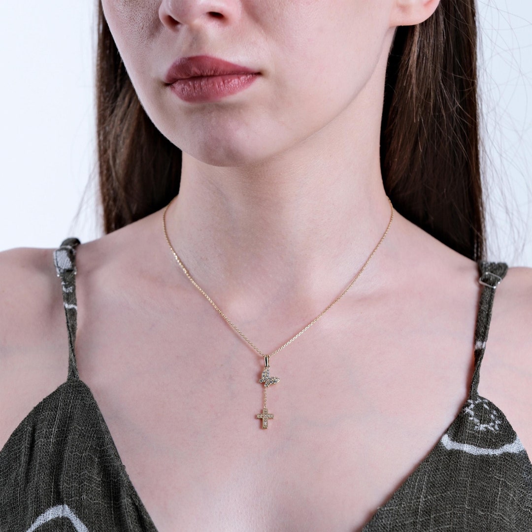 14K Gold Butterfly Cross Necklace, Crucifix Y Necklace, Butterfly ...