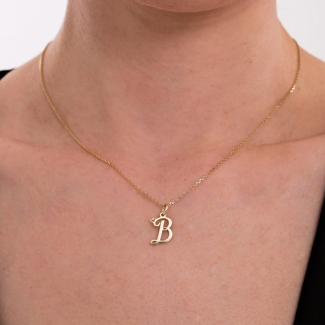 14K Solid Gold Cursive Initial Necklace: June Birthstone Heart Charm - Etsy