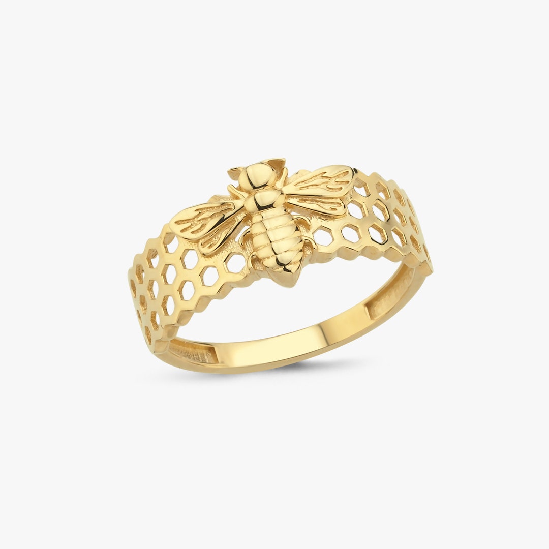 14K Solid Gold Bee Ring, Honey Bee Ring, Bee Jewelry, Honeycomb Ring ...