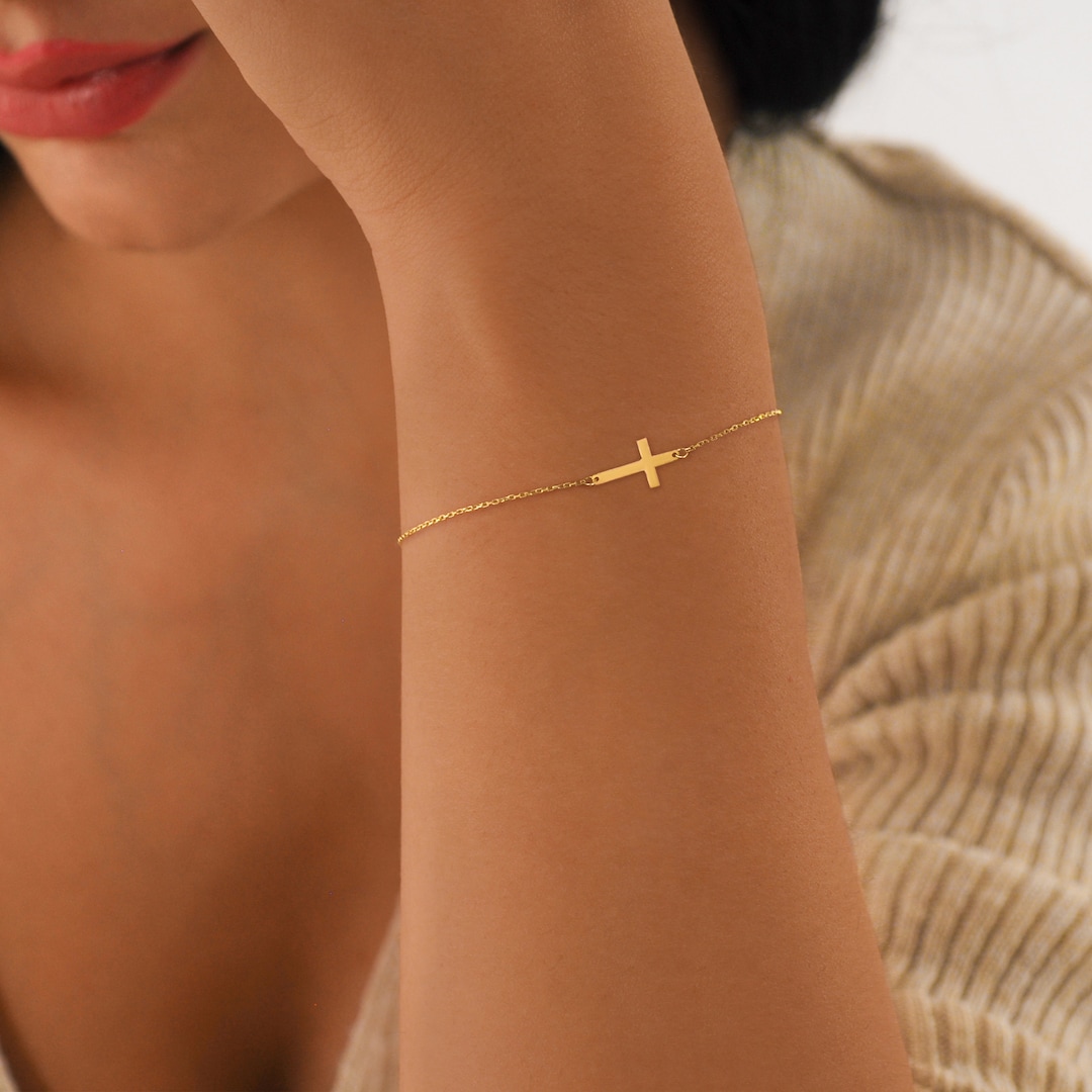 14K Solid Gold Sideways Cross Bracelet, Religious Bracelet, Catholic Bracelet for Women, Dainty ...